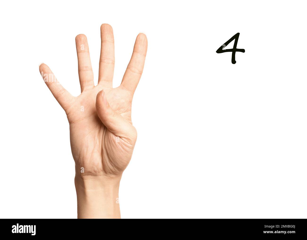 Woman showing number four on white background, closeup. Sign language ...