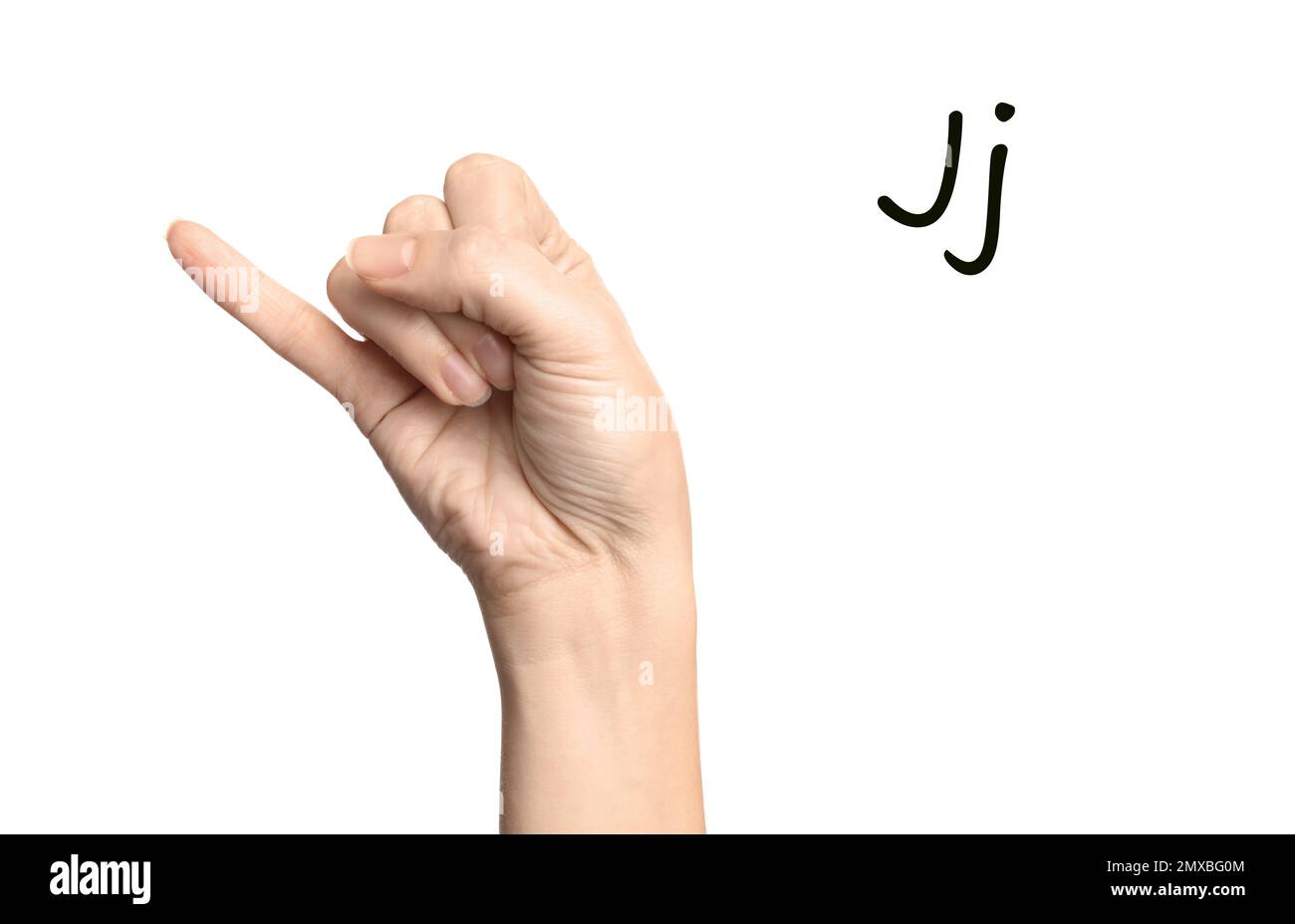 Woman showing letter J on white background, closeup. Sign language ...