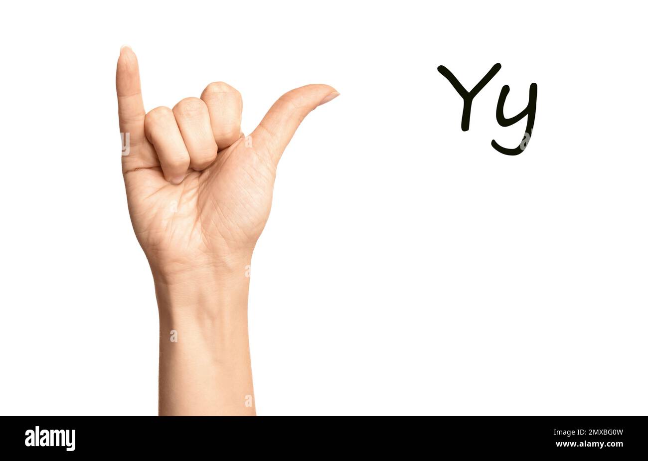 Woman showing letter Y on white background, closeup. Sign language ...