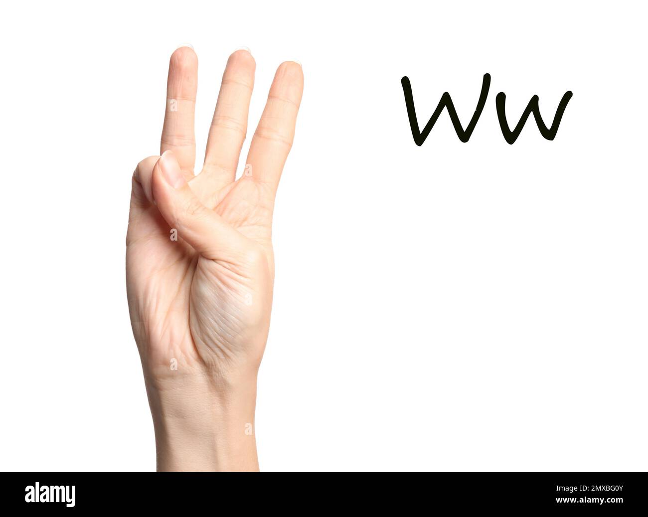 Woman showing letter W on white background, closeup. Sign language ...