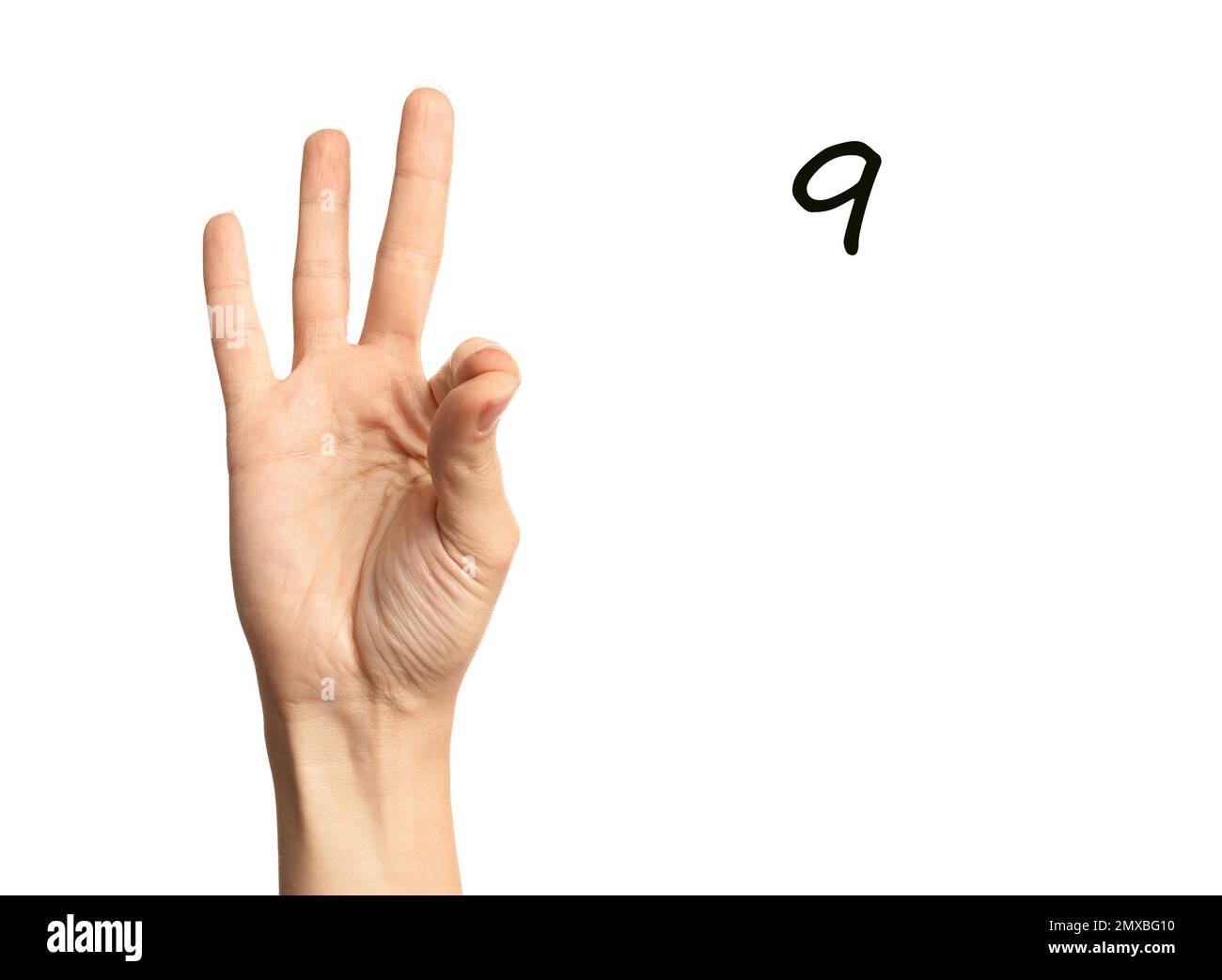 Woman showing number nine on white background, closeup. Sign language ...