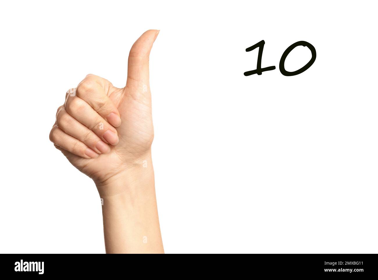 Woman showing number ten on white background, closeup. Sign language ...