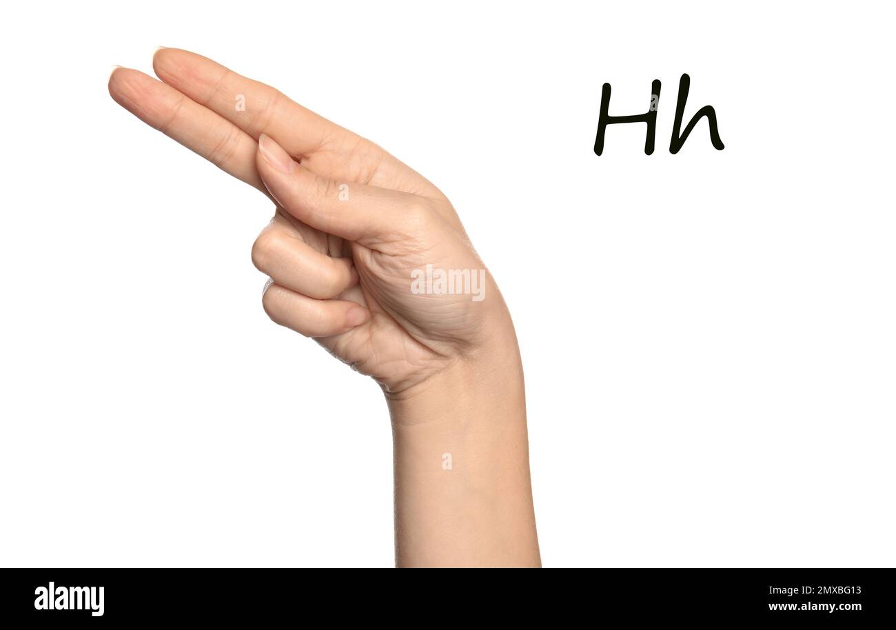 Woman showing letter H on white background, closeup. Sign language ...