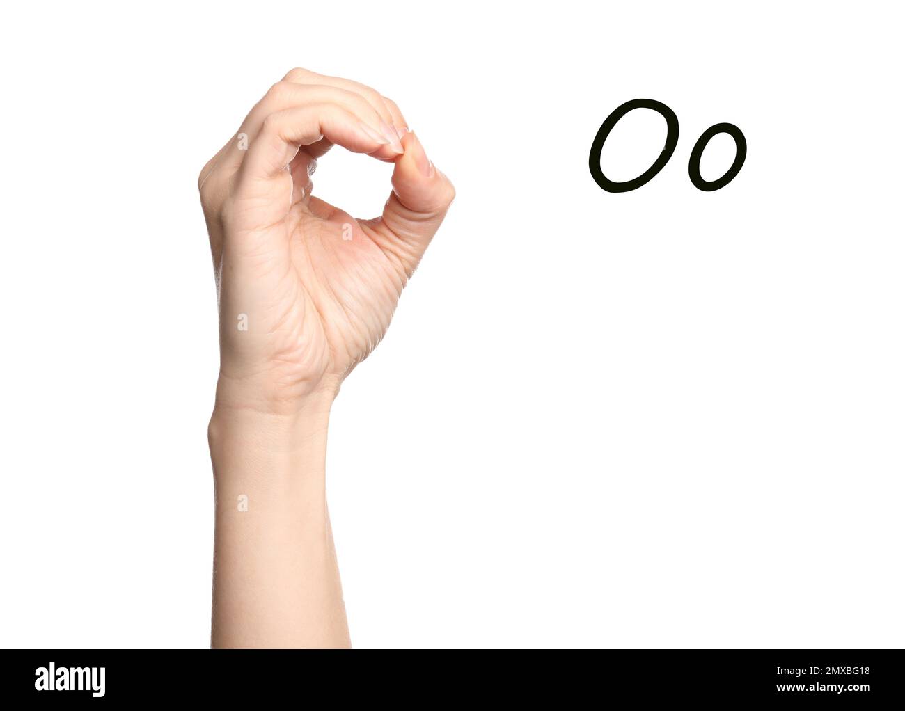 Woman showing letter O on white background, closeup. Sign language ...