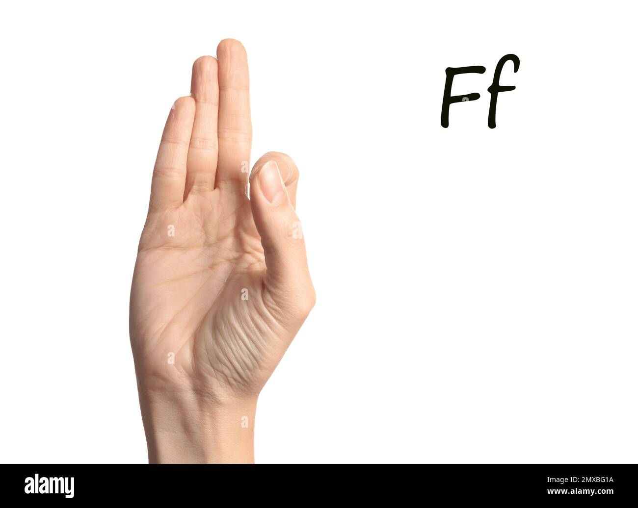 Woman showing letter F on white background, closeup. Sign language ...
