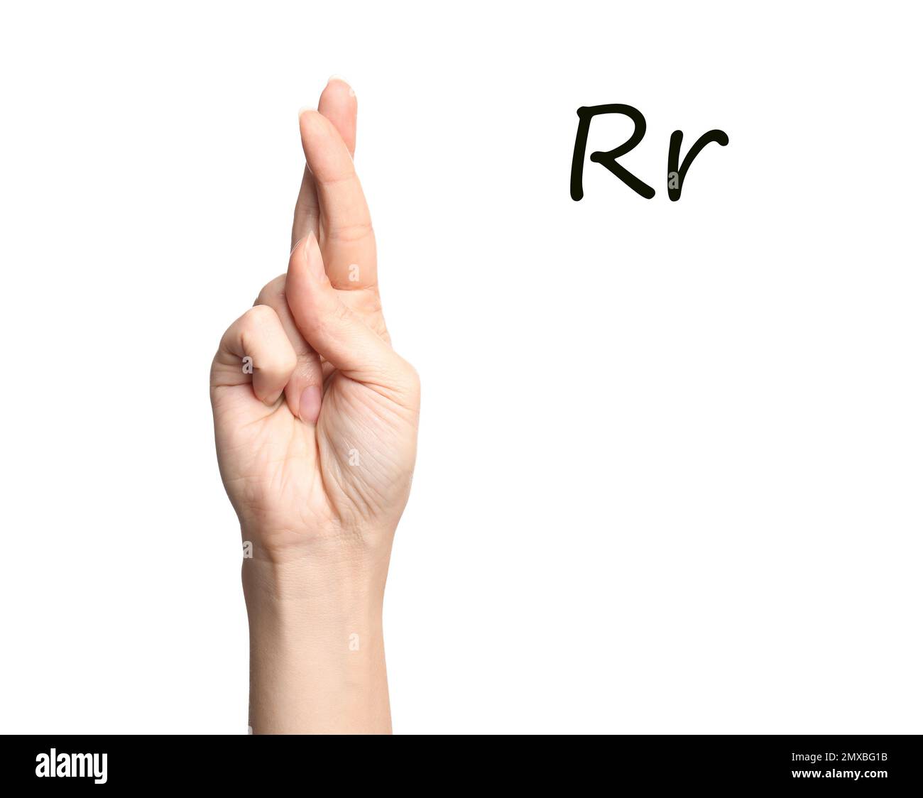 Woman showing letter R on white background, closeup. Sign language ...