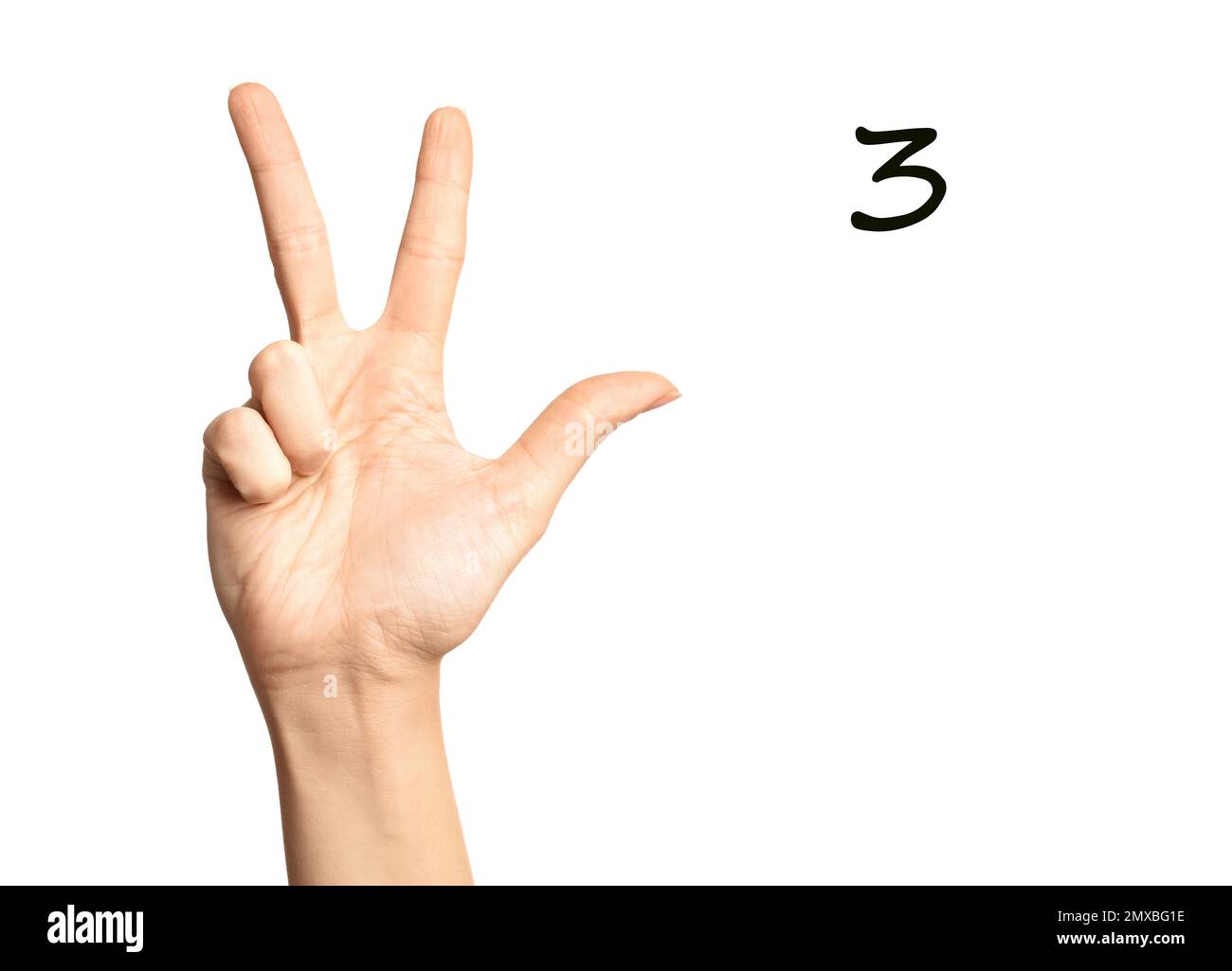 Woman showing number three on white background, closeup. Sign language ...