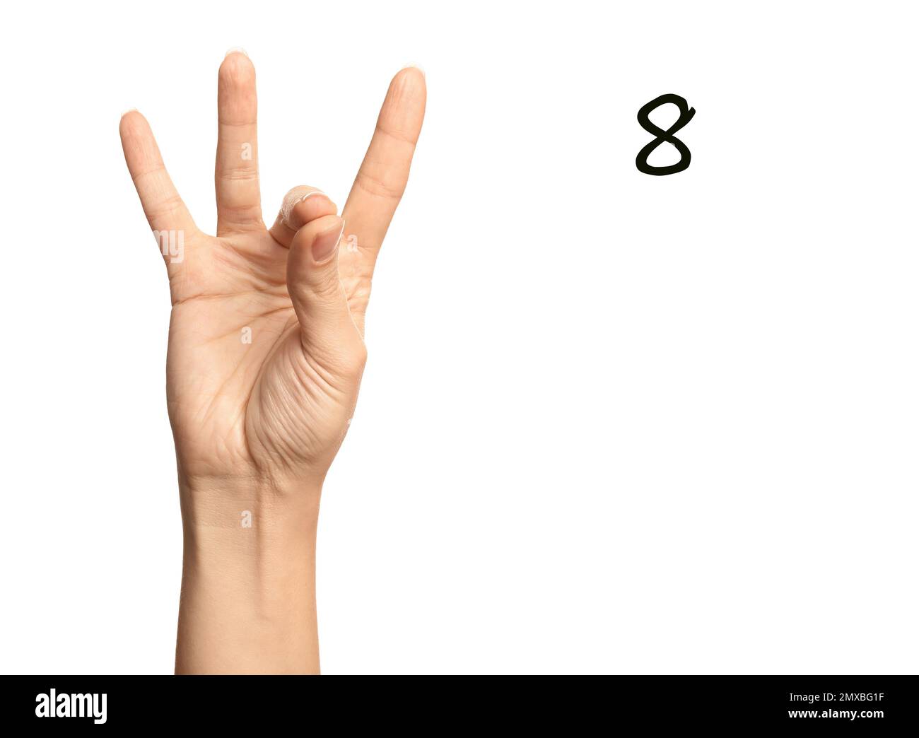 Woman showing number eight on white background, closeup. Sign language ...