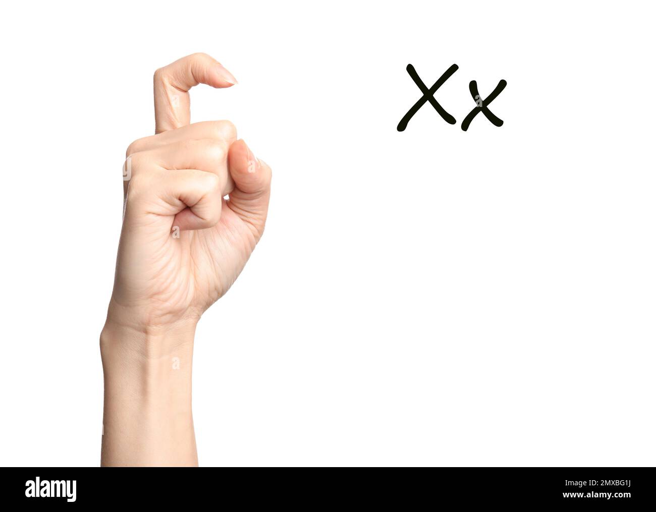 Woman showing letter X on white background, closeup. Sign language ...