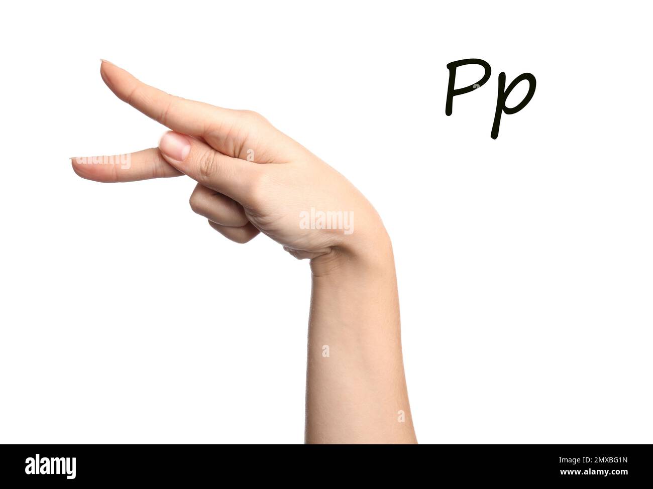 Woman showing letter P on white background, closeup. Sign language ...