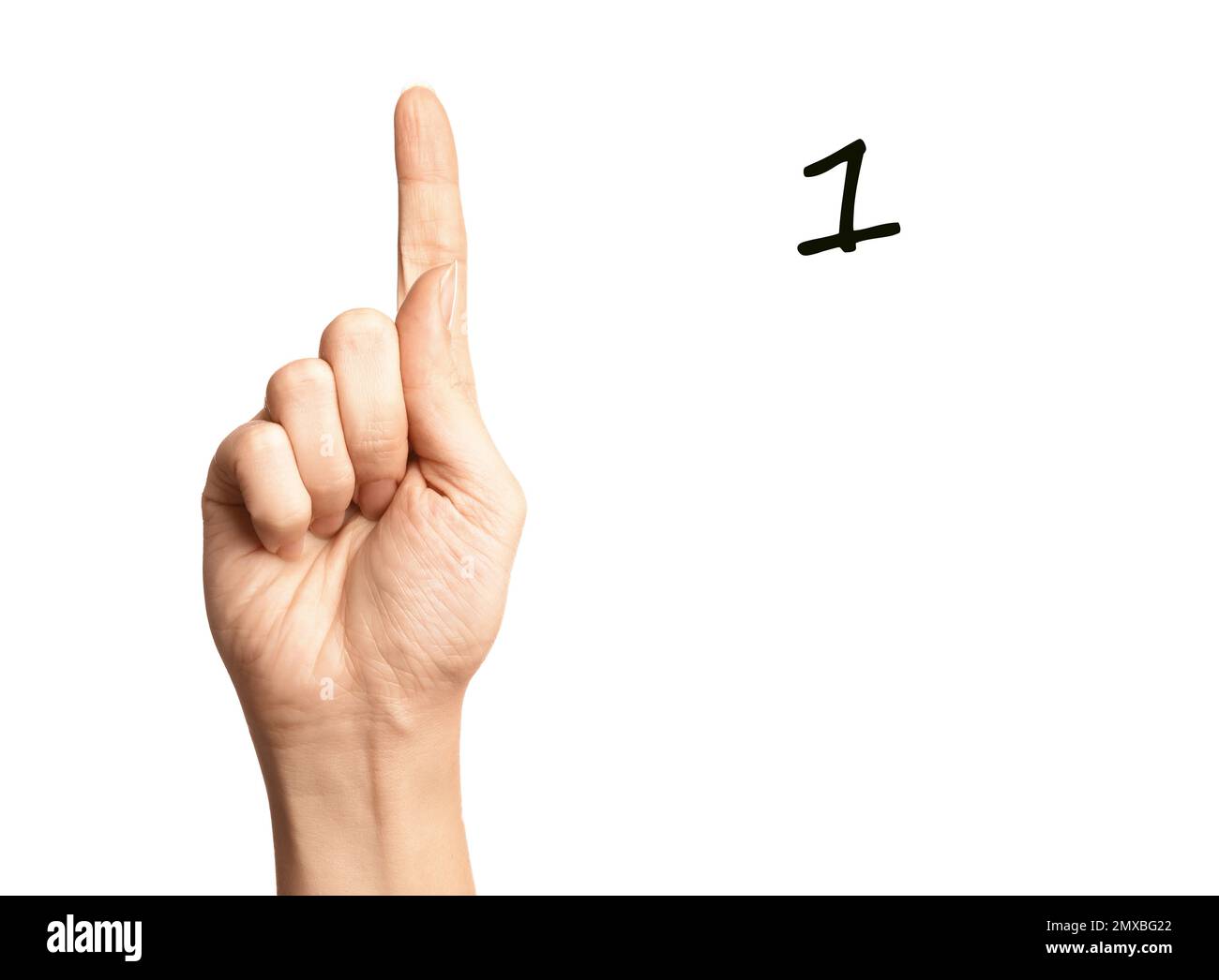 Woman showing number one on white background, closeup. Sign language ...