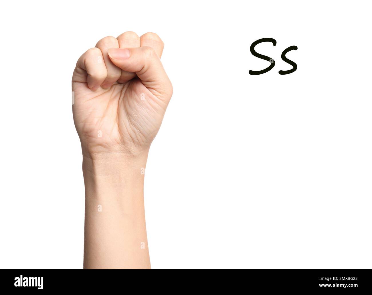 Woman showing letter S on white background, closeup. Sign language ...