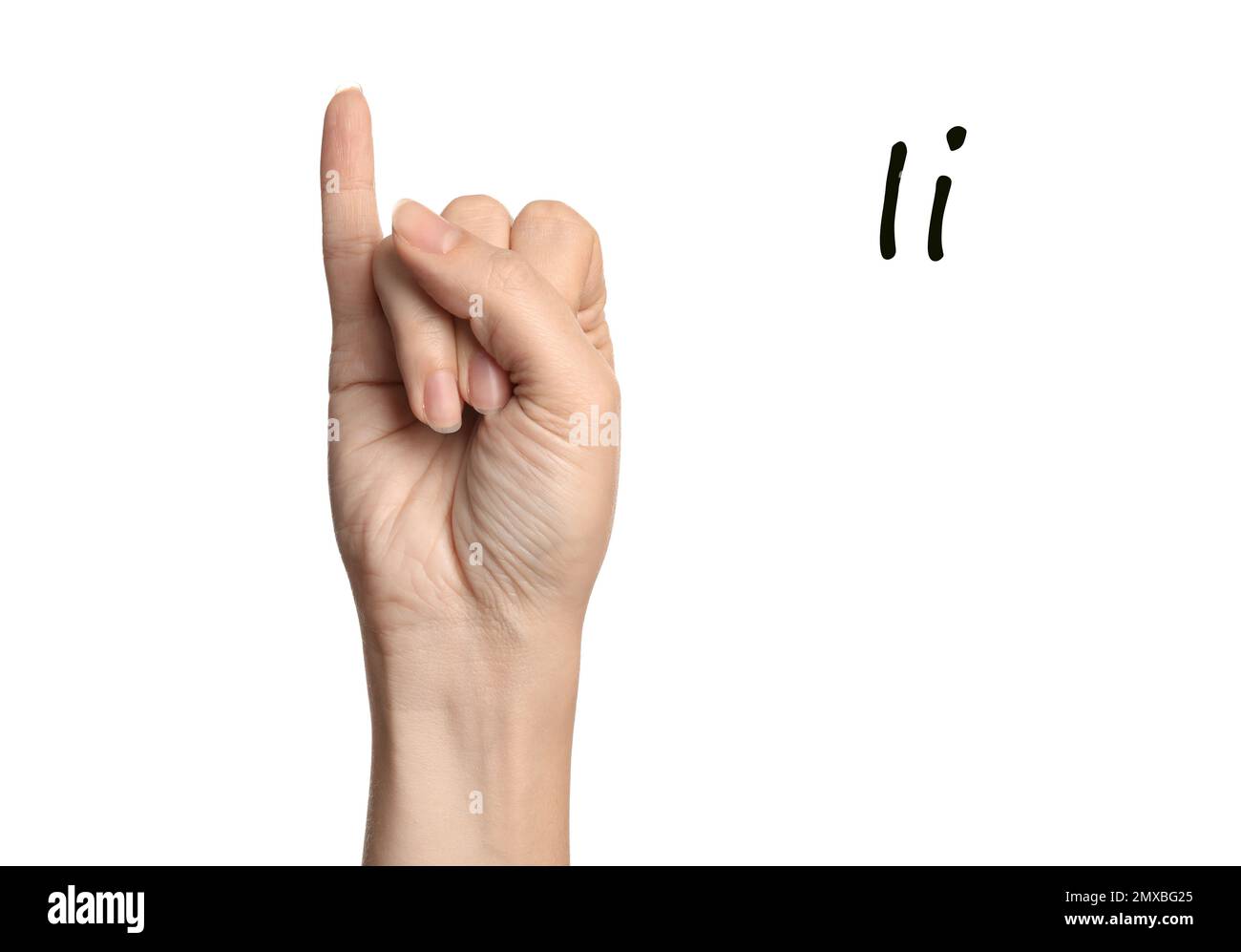 Woman showing letter I on white background, closeup. Sign language ...