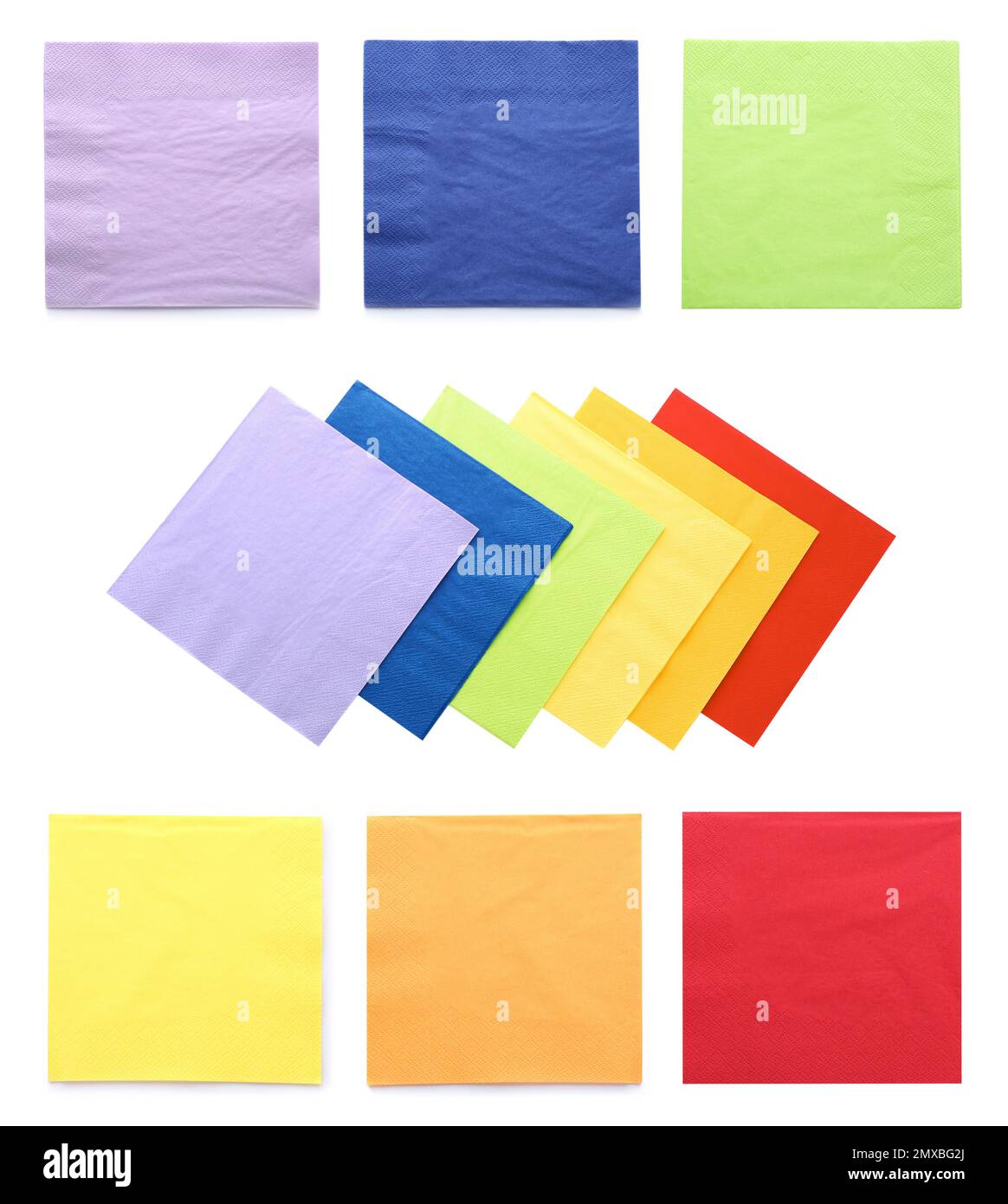 Set with colorful paper napkins on white background, top view Stock ...