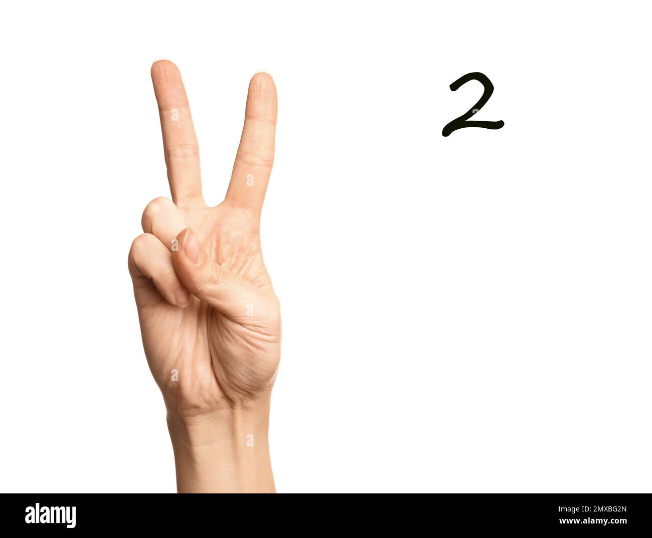 Woman showing number two on white background, closeup. Sign language ...