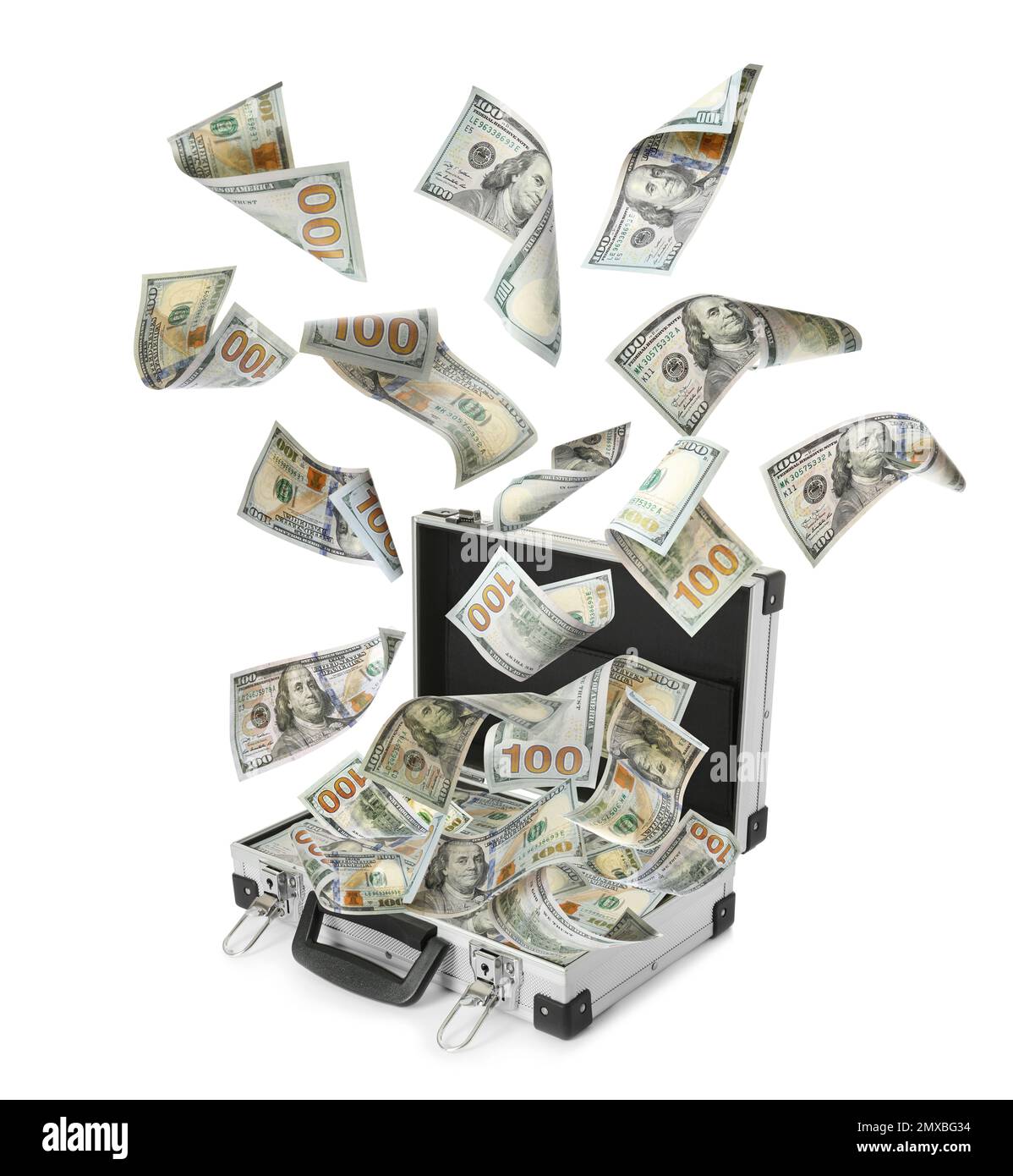 American banknotes falling into suitcase on white background Stock ...