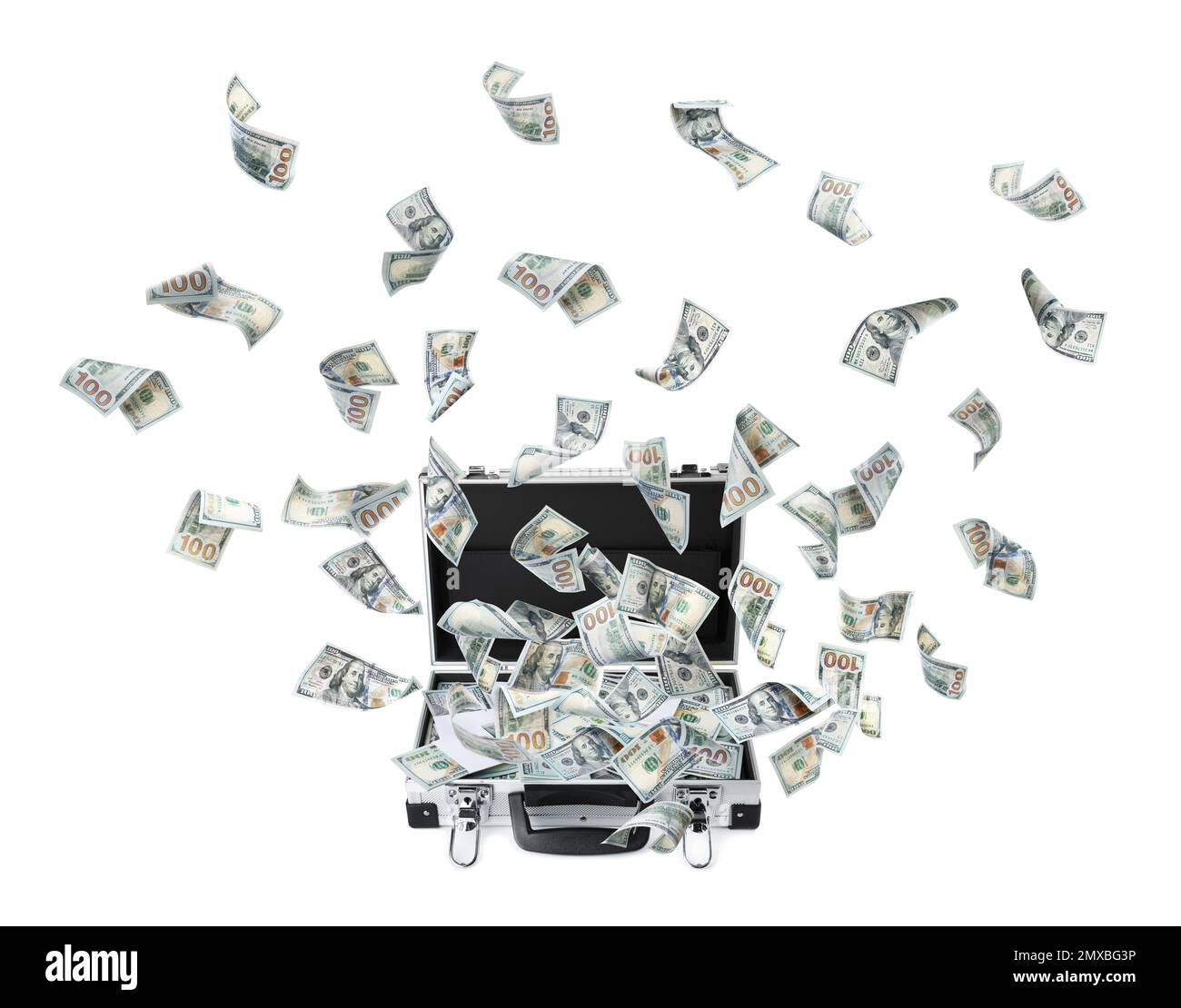 American banknotes flying out suitcase on white background Stock Photo ...
