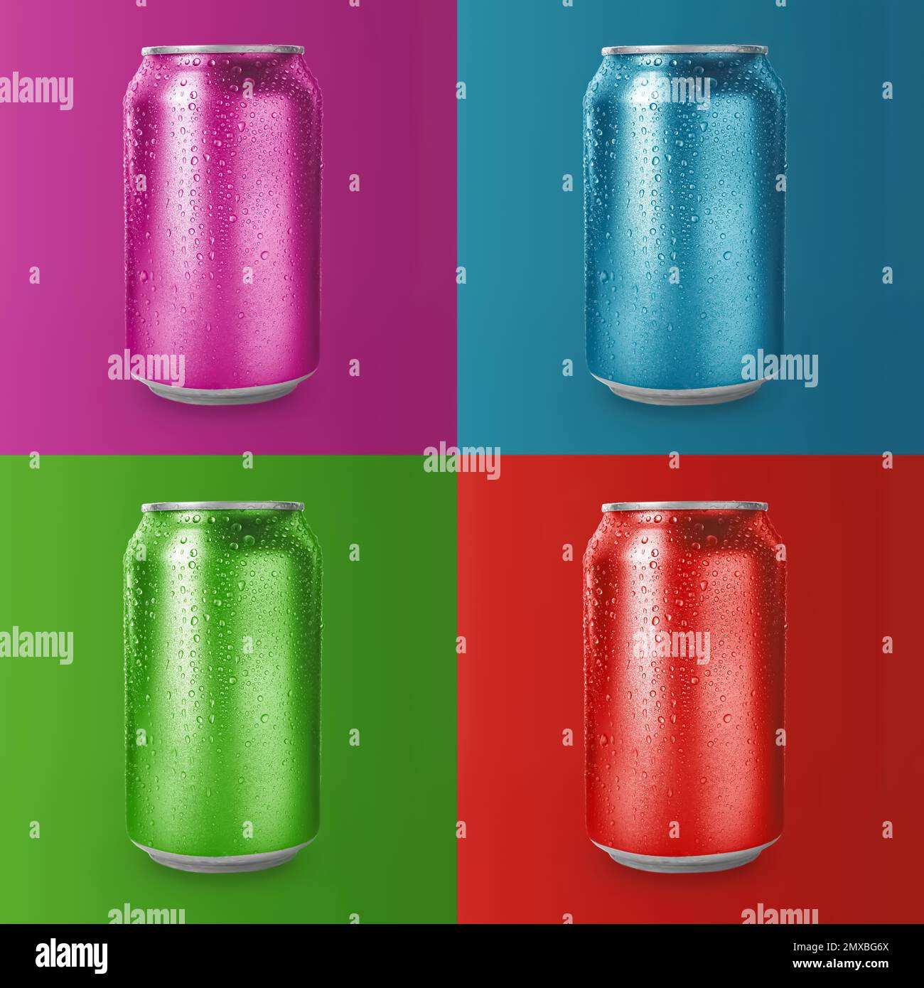 Collage with aluminum cans on different color backgrounds Stock Photo ...