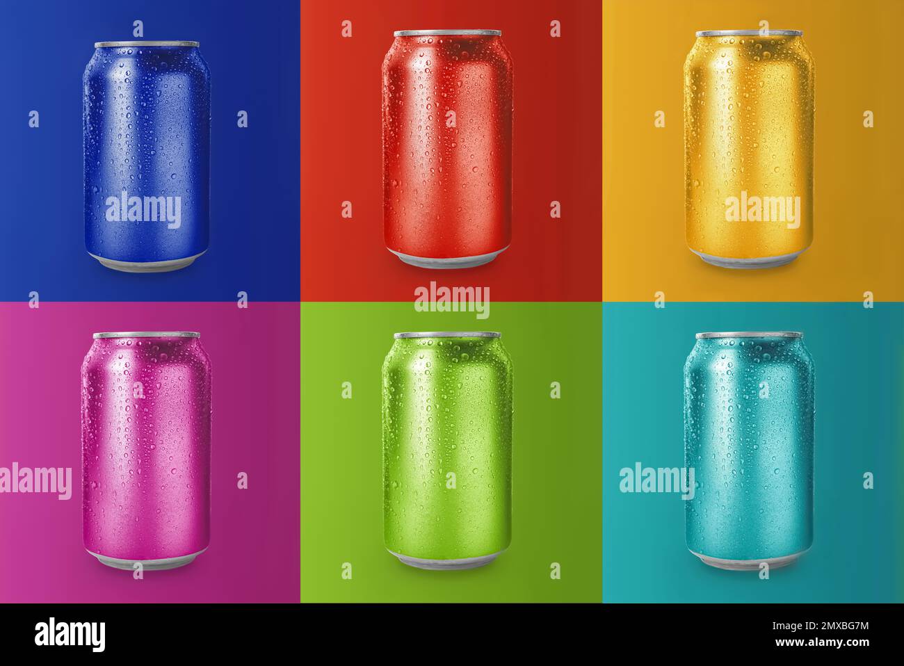 Collage with aluminum cans on different color backgrounds Stock Photo ...