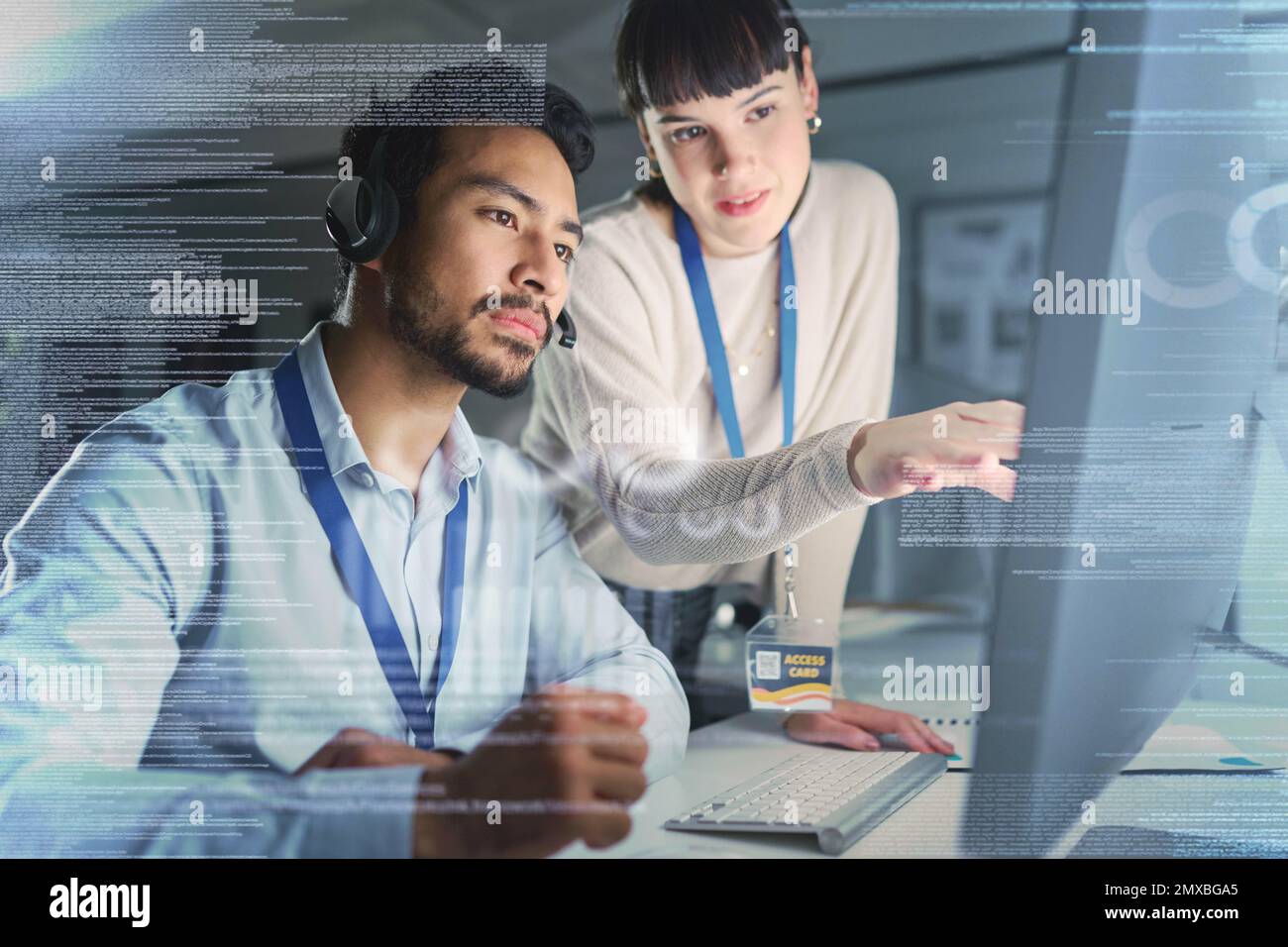 Call center, digital overlay and team on computer for customer support ...