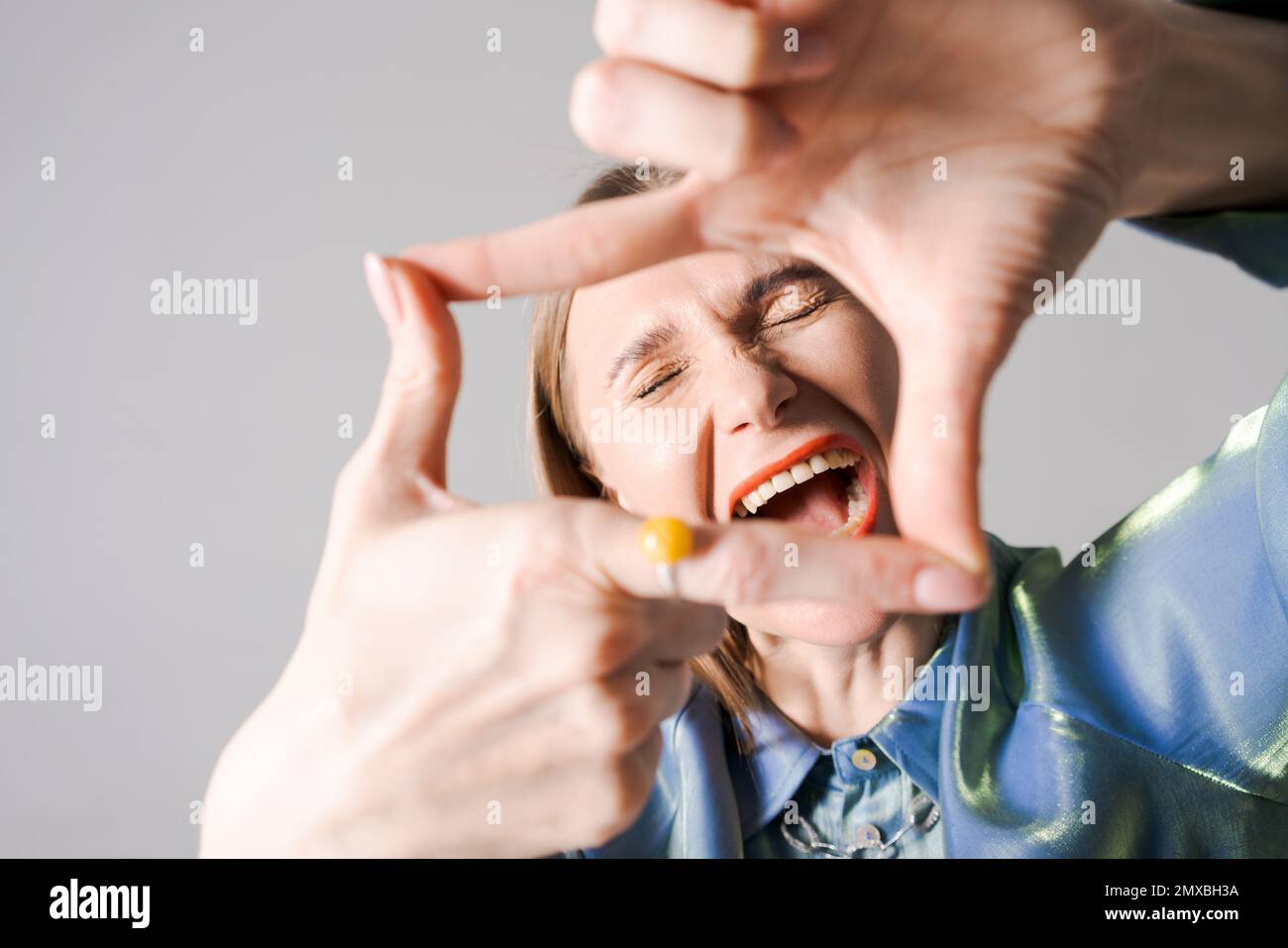 Close up portrait emotional charming cheerful woman with bright lips ...