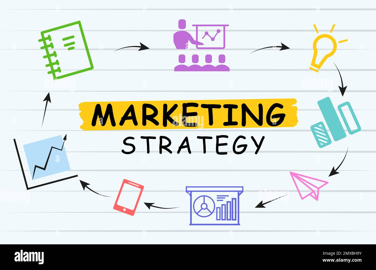 Marketing strategy scheme with illustrations on light background Stock ...