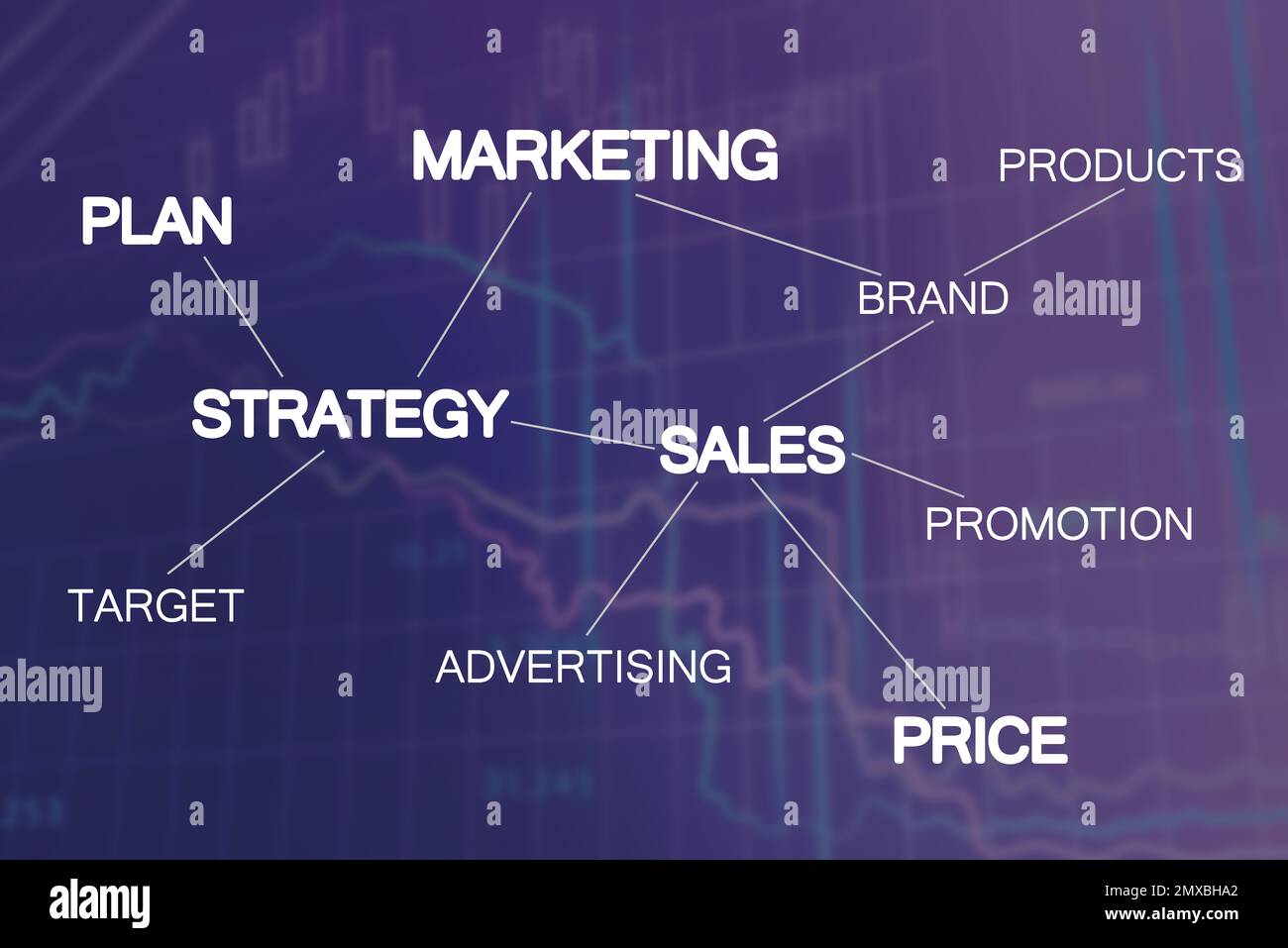 Marketing strategy scheme on dark blue background with charts Stock ...