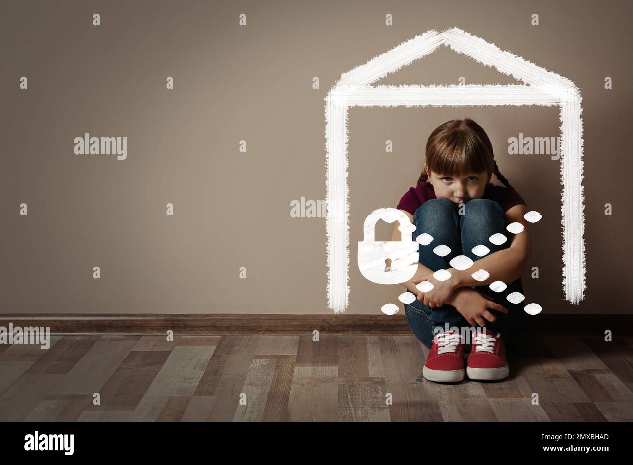 Claustrophobia. Scared little girl feeling in closed space ...