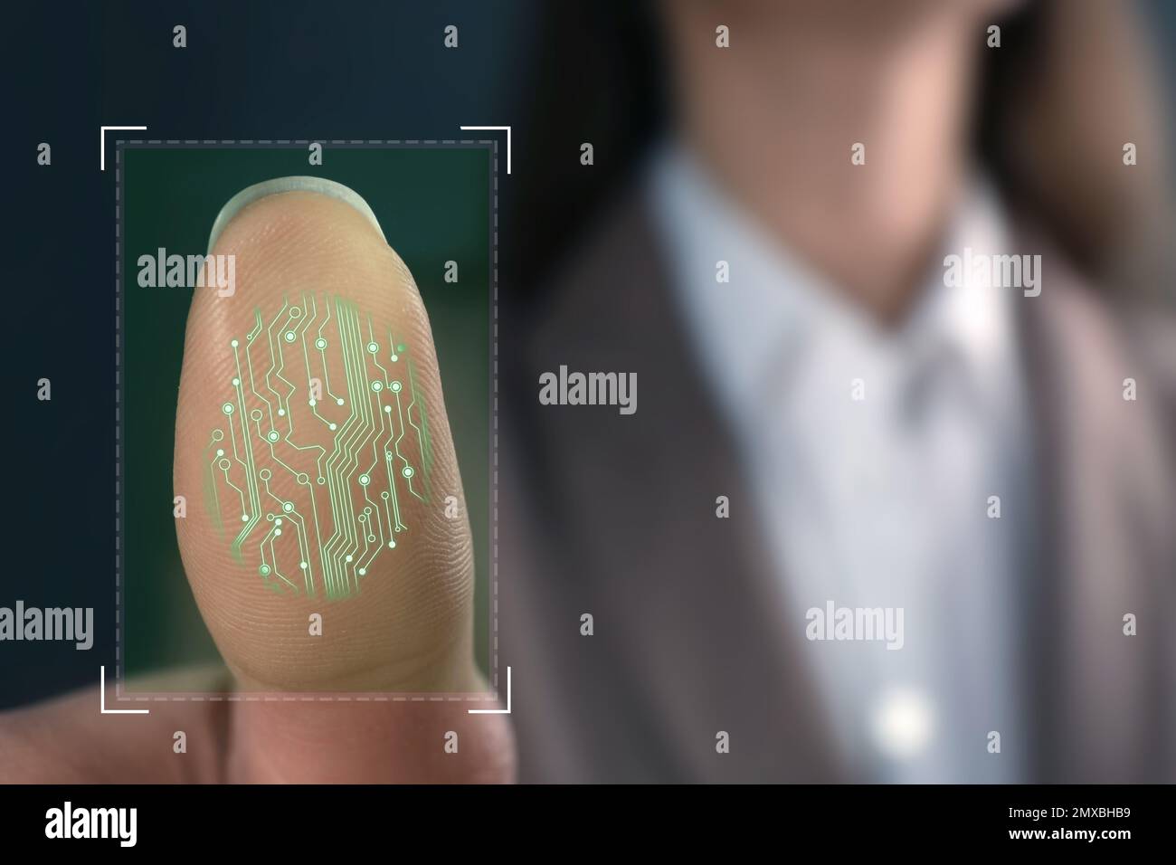 Businesswoman using biometric fingerprint scanner, closeup. Space for ...