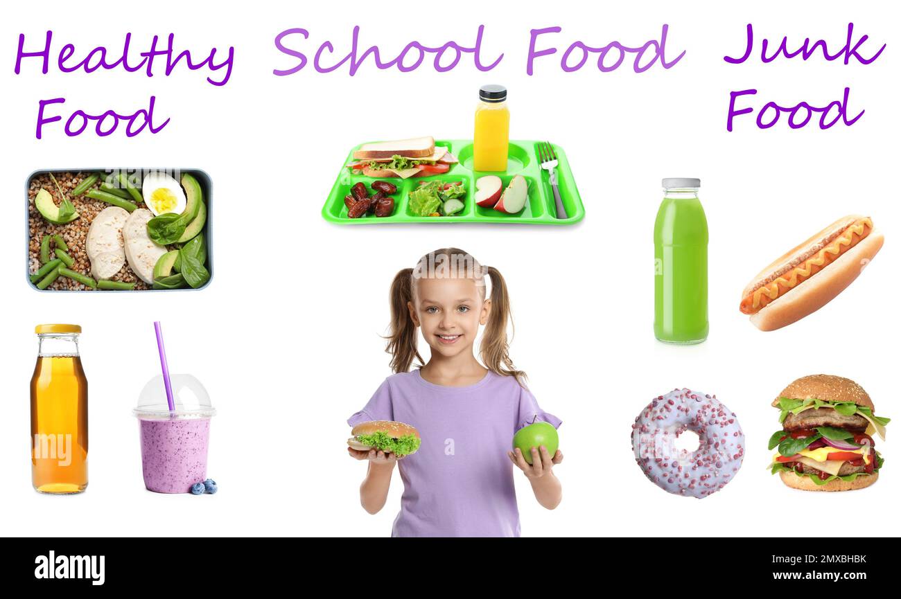 School food, healthy or junk. Girl and different products as variants ...