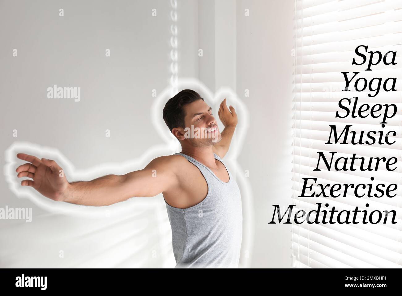 Stress management techniques. Man stretching after good sleep at home ...