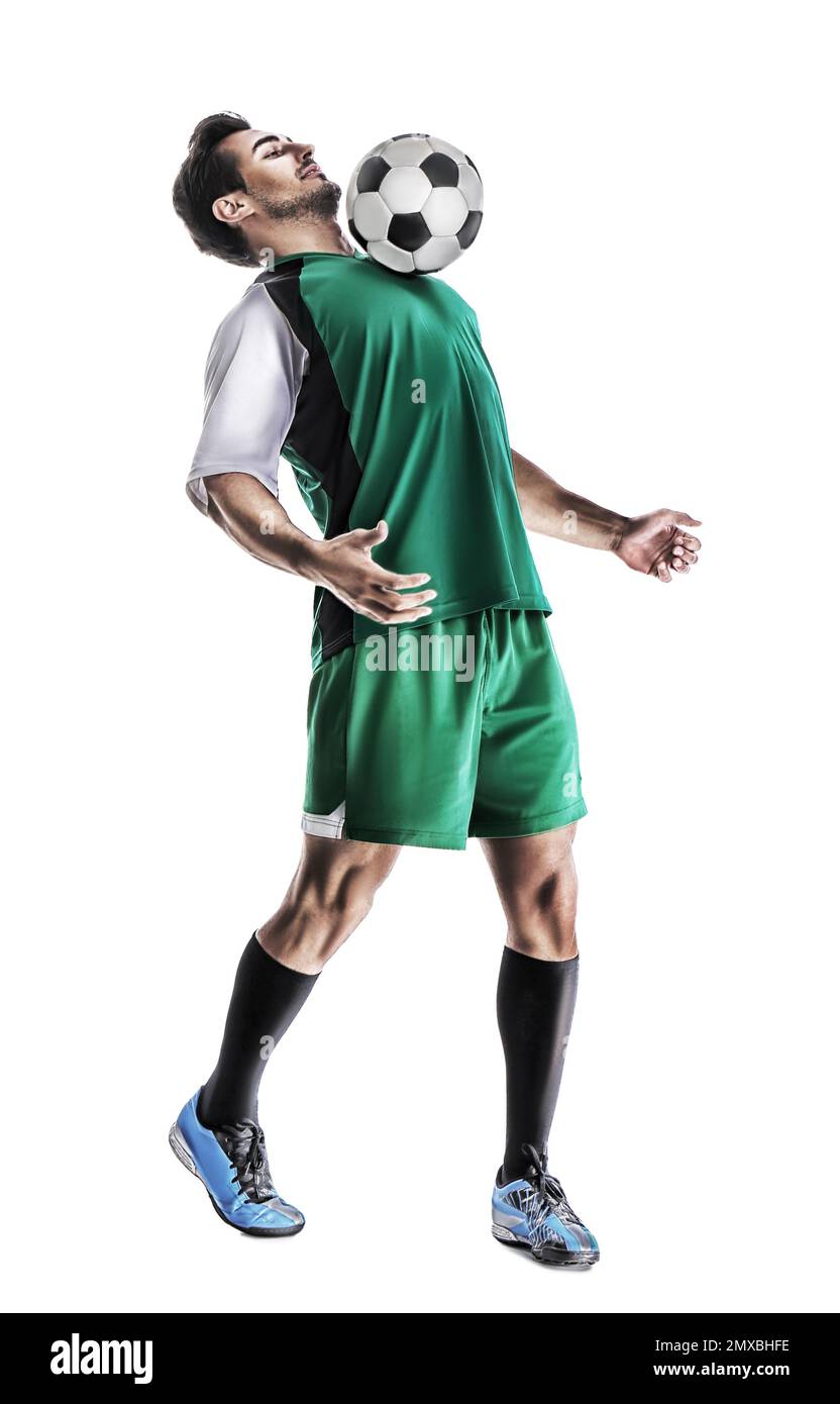 Young man playing football on white background Stock Photo - Alamy