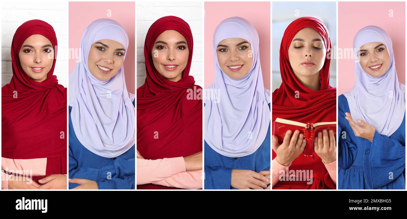 Collage with photos of young Muslim women on different color ...