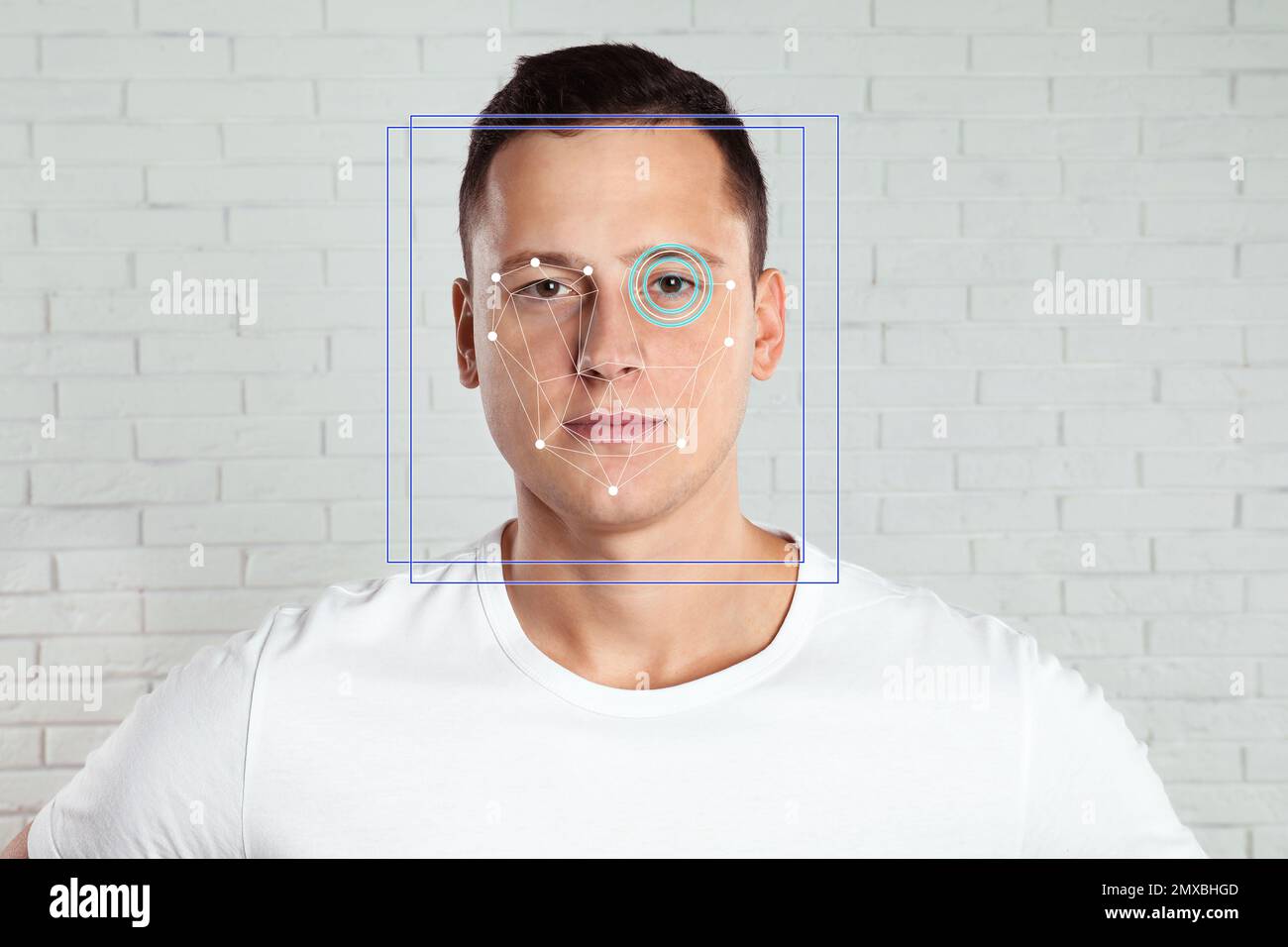 Facial Recognition System Man With Scanner Frame And Digital Biometric