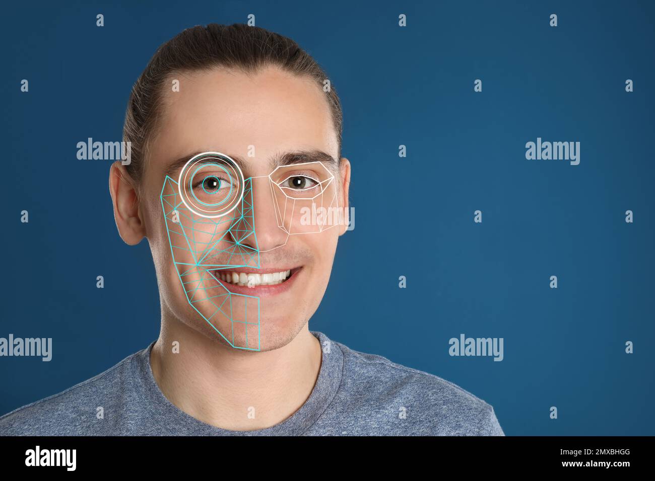 Facial Recognition System Man With Digital Biometric Grid On Blue