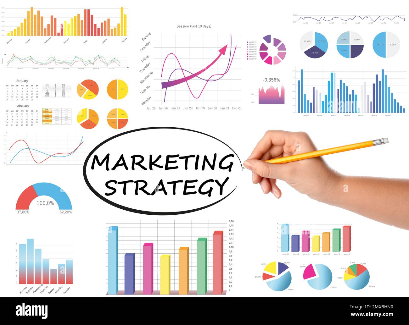 Woman writing words Marketing strategy and charts on white background ...
