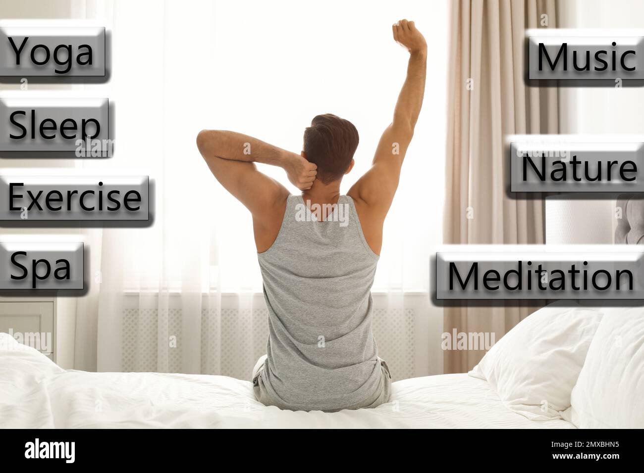 Stress management techniques. Man stretching after good sleep at home ...