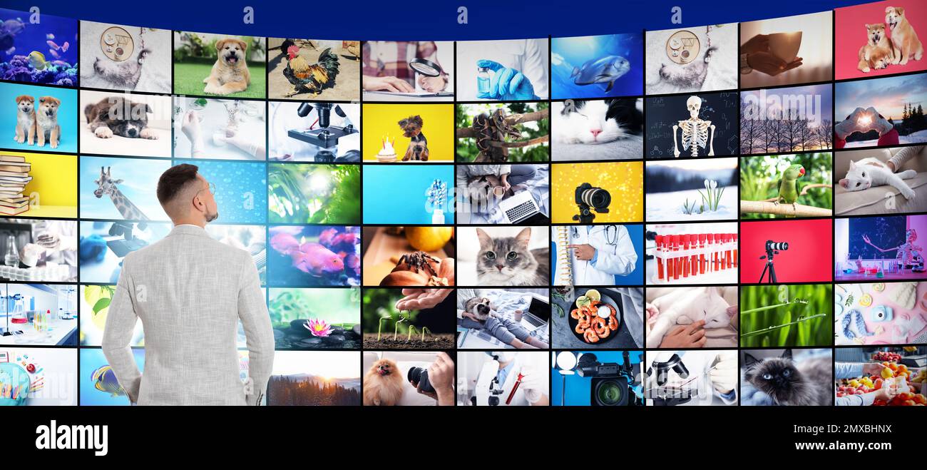 Media library concept. Man using virtual video gallery, banner design ...