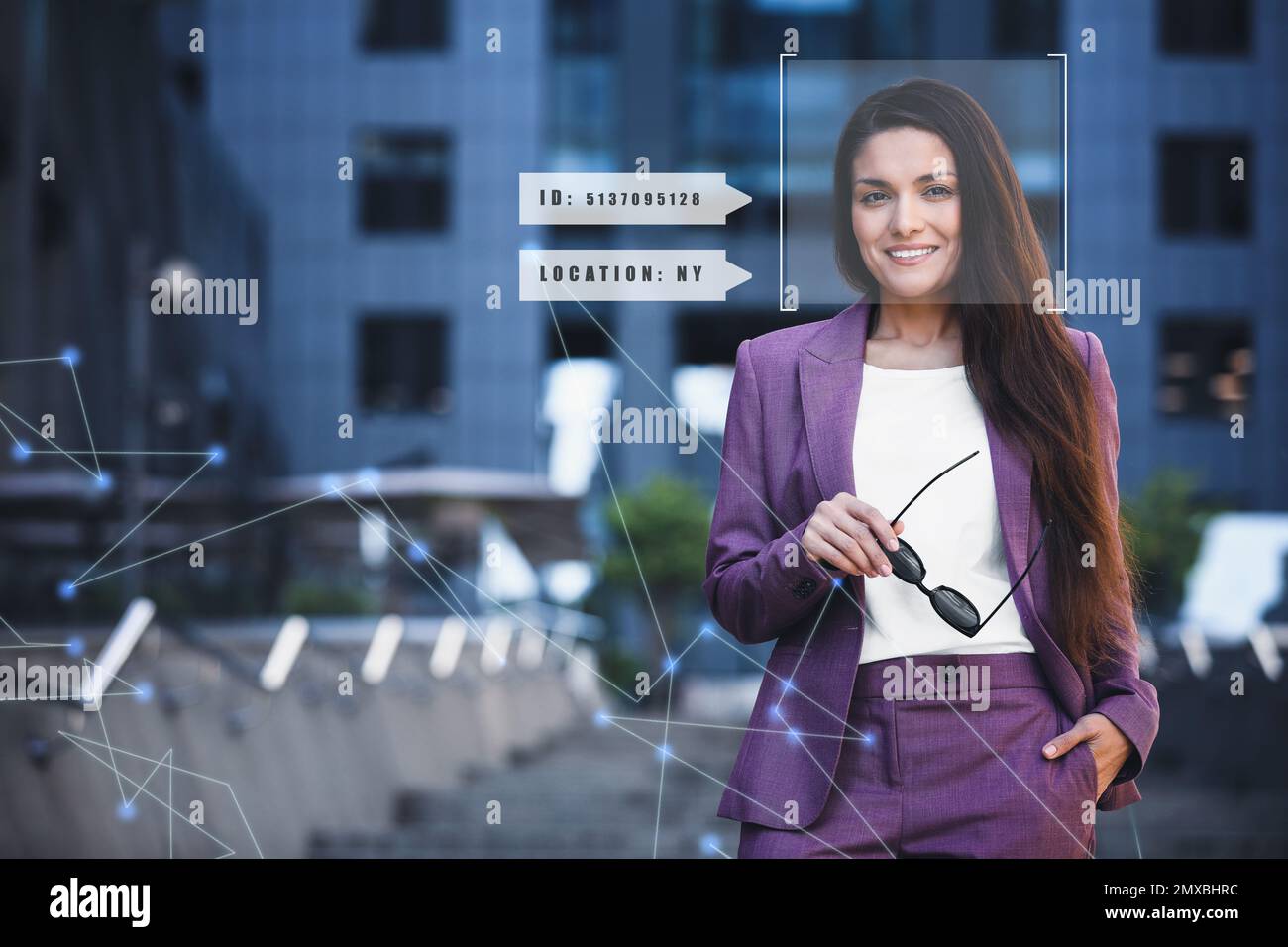 People search by facial recognition. Woman outdoors with scanner frame ...
