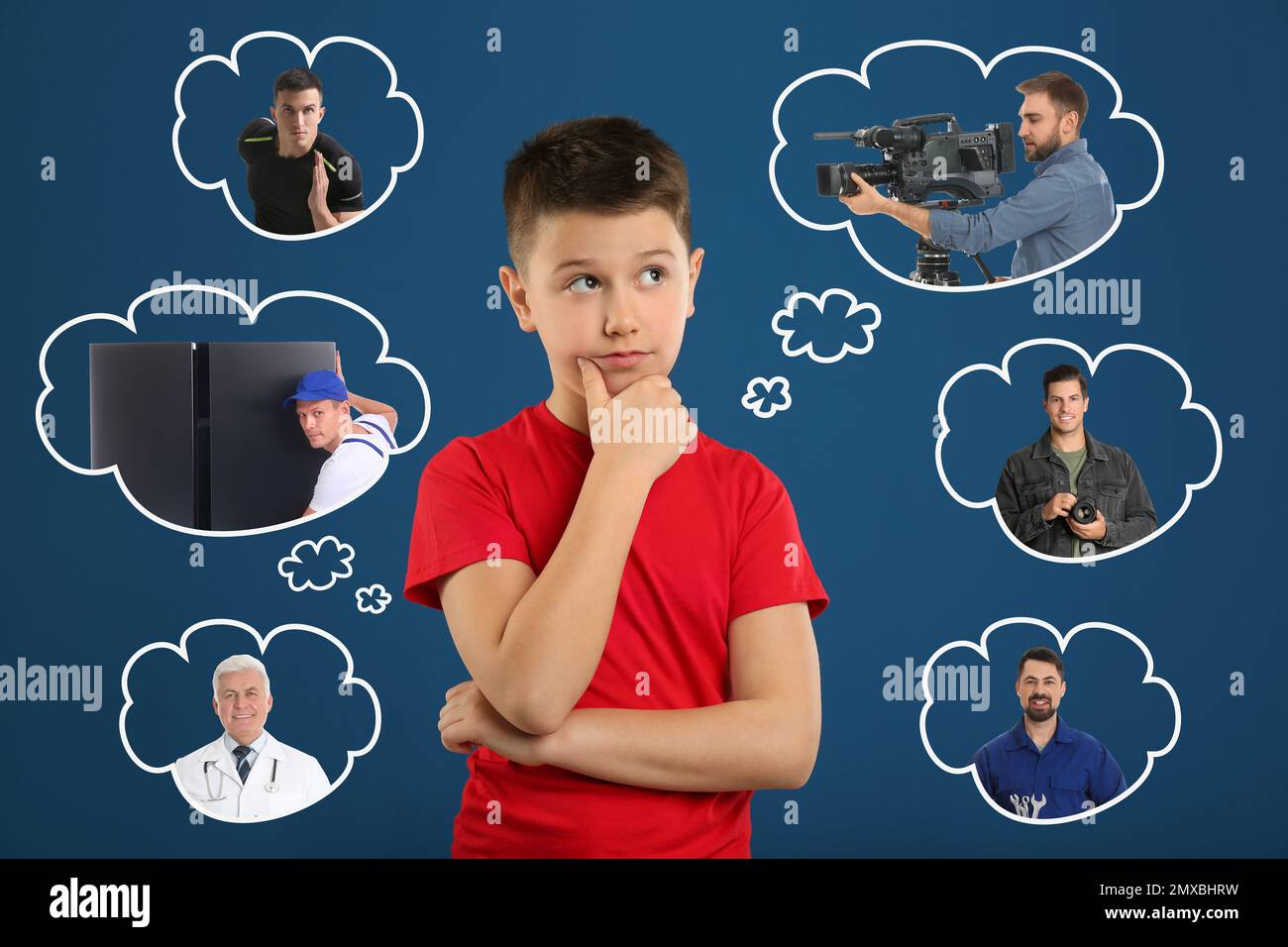 Thoughtful little boy choosing future profession on blue background ...