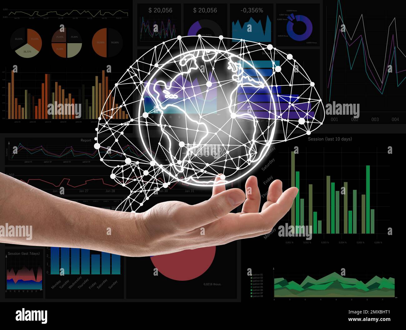 Man demonstrating world globe with network connection lines and digital ...