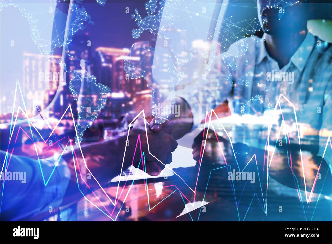 Forex trading. World map with charts against double exposure of people ...