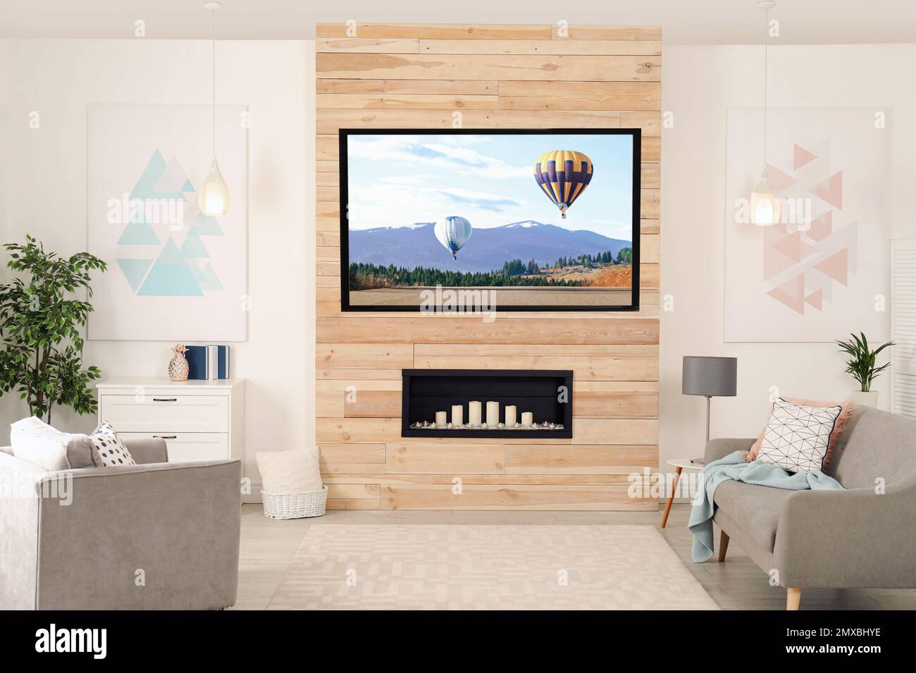 Living room interior with modern TV on wooden wall Stock Photo - Alamy