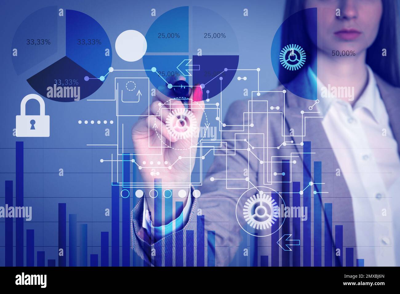 Young woman pointing at digital schema, closeup. Modern technology ...