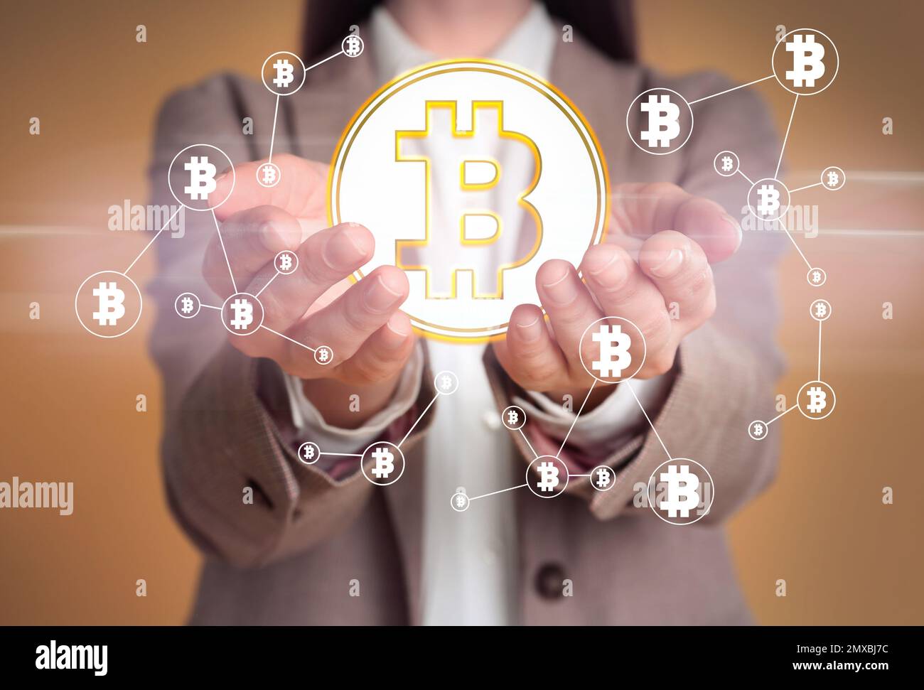 Fintech concept. Woman demonstrating scheme with bitcoin symbols Stock ...
