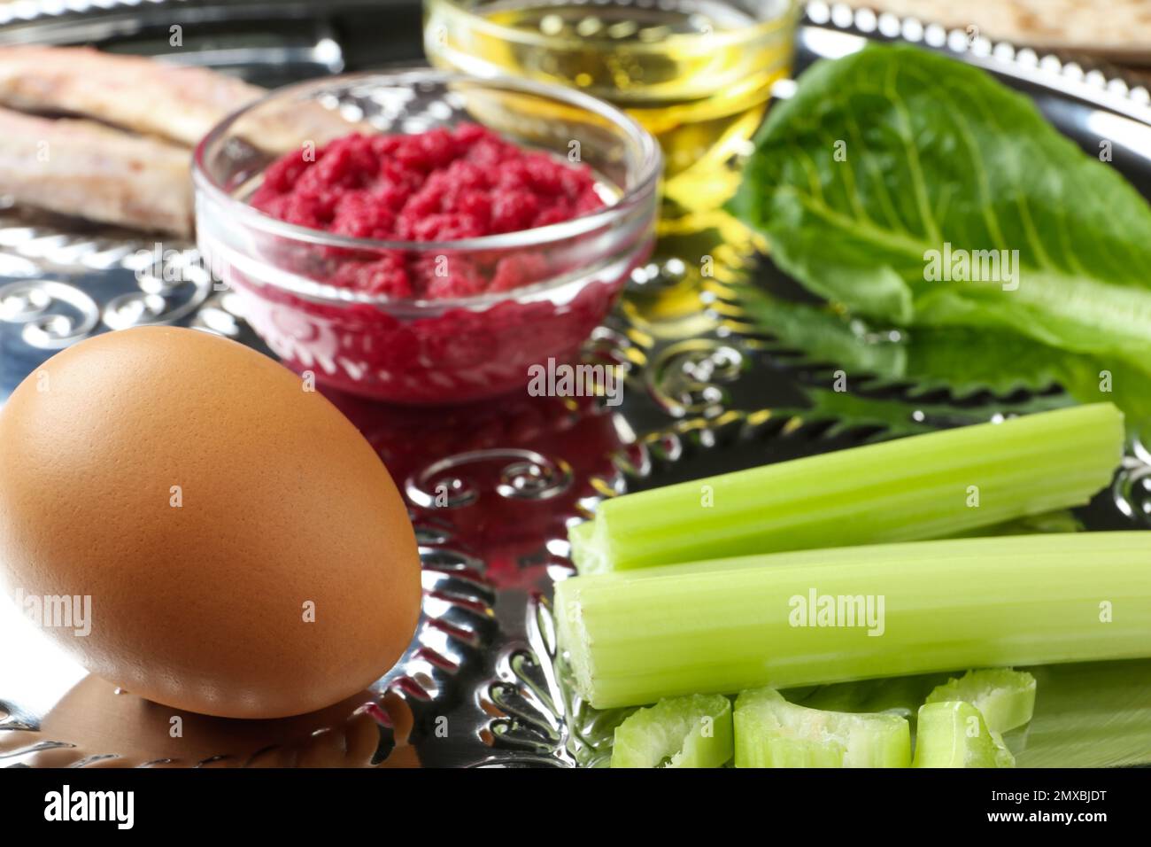 Closeup view of Passover Seder plate (keara) with traditional meal ...