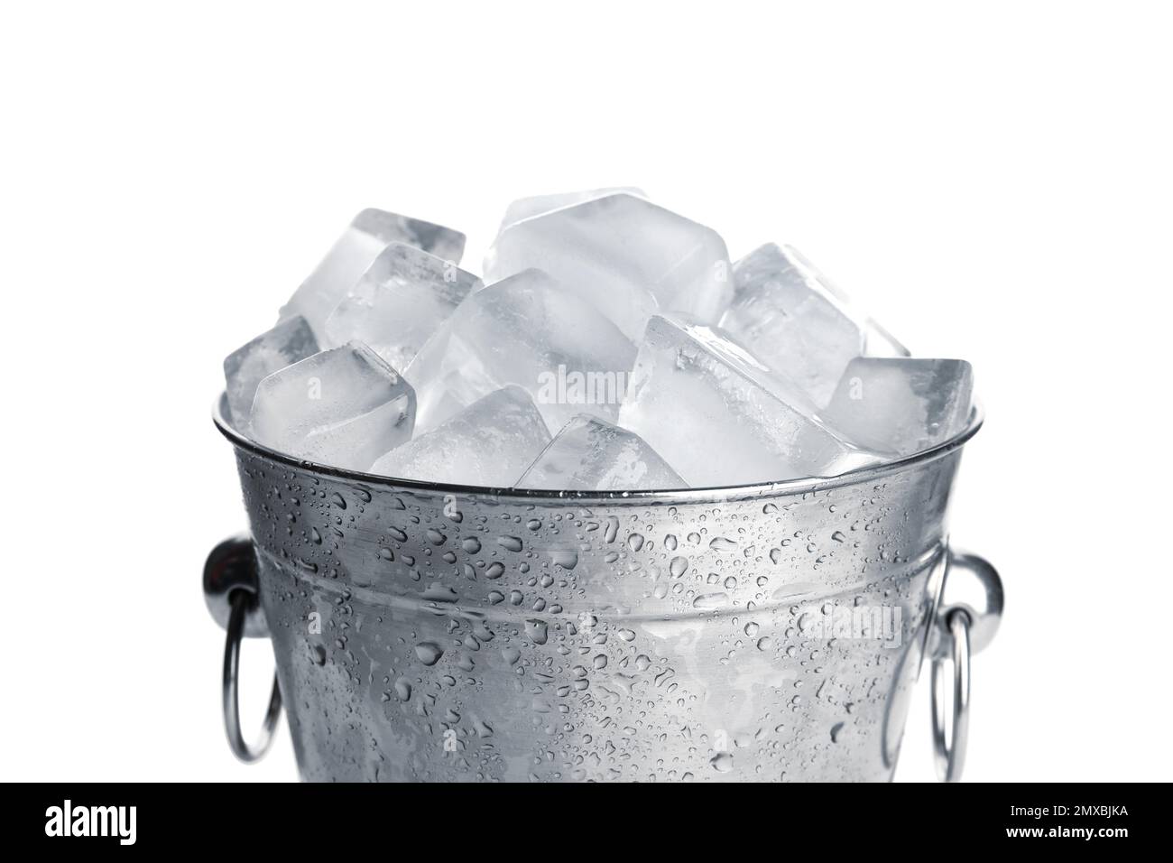 Metal bucket with ice cubes isolated on white Stock Photo - Alamy