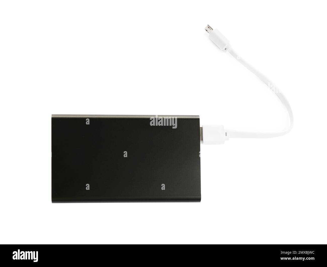Modern external portable charger with cable isolated on white, top view ...
