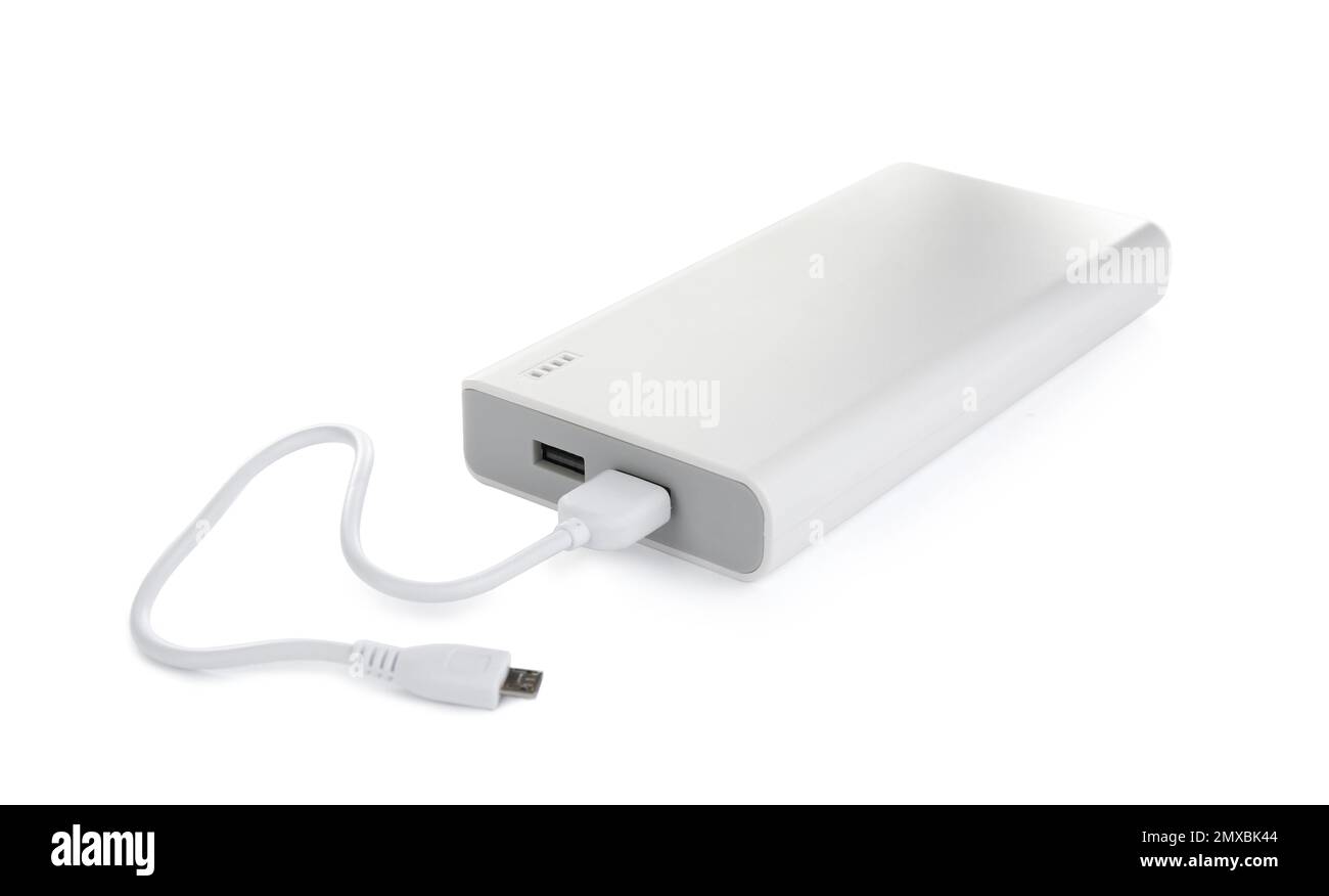 Modern external portable charger with cable isolated on white Stock ...