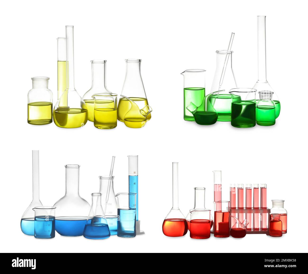 Set of laboratory glassware with colorful liquids on white background ...